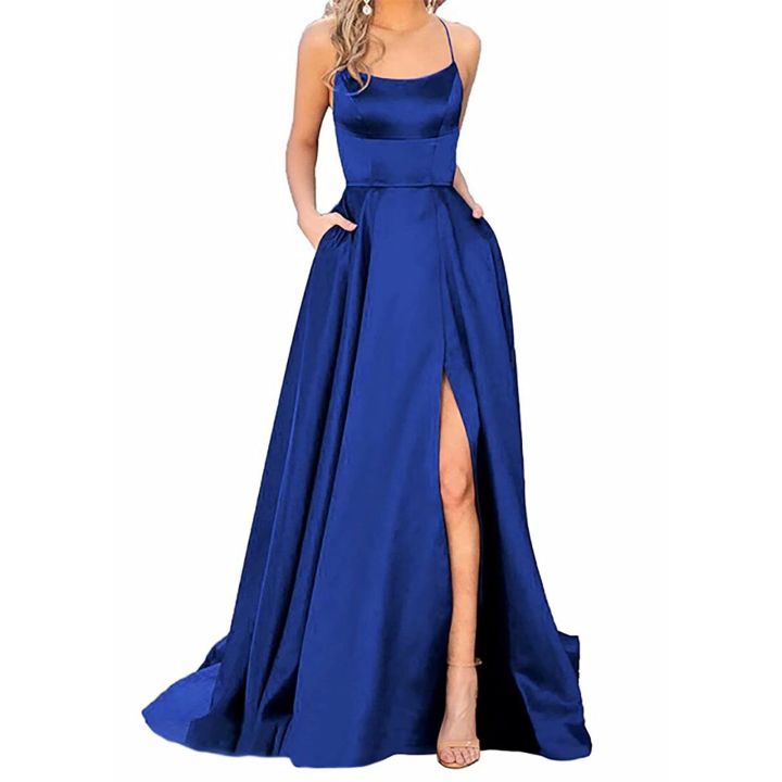 Deep Blue Prom Dresses Women's Long Dresses Criss-cross Satin Spaghetti ...