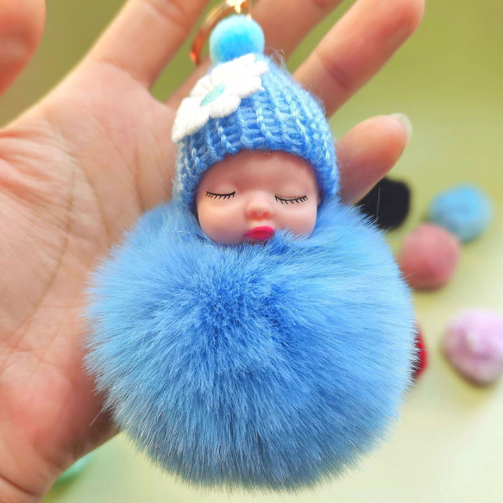 Pompom Sleeping Baby Keychain Cute Fluffy Plush Doll Keychains Women ...