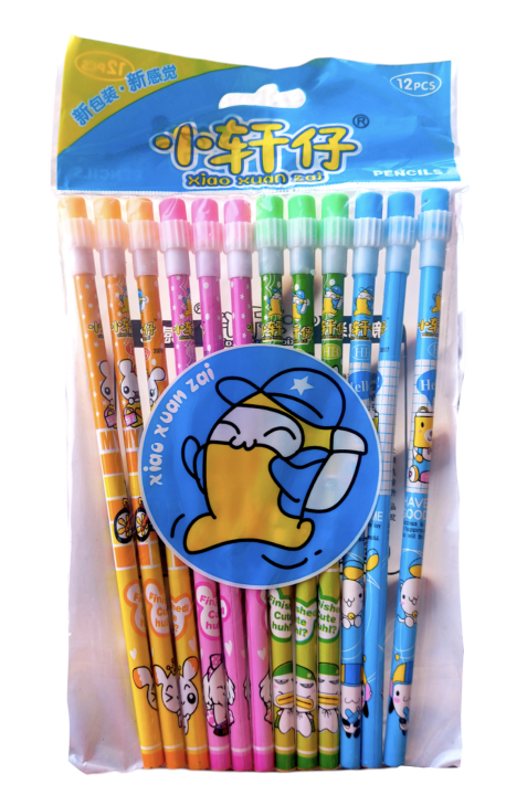 Cute Design 12 Pencils With Top Corner Eraser Set Orange, Pink, Blue ...