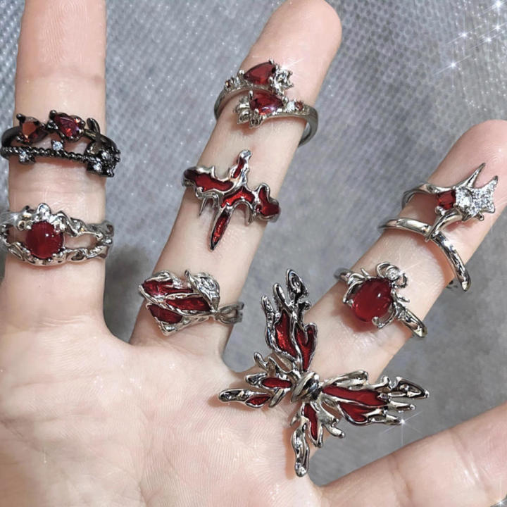 Gothic Heart ring Fashionable Red Aesthetic Red ring Y2K Irregular ...