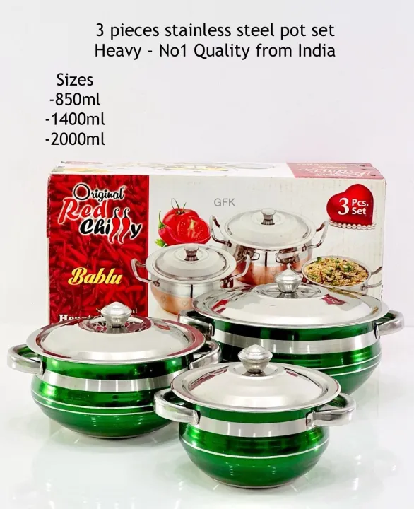 Round 3 Pieces Stainless Steel Handi Set, For Kitchen with lid | Daraz.lk