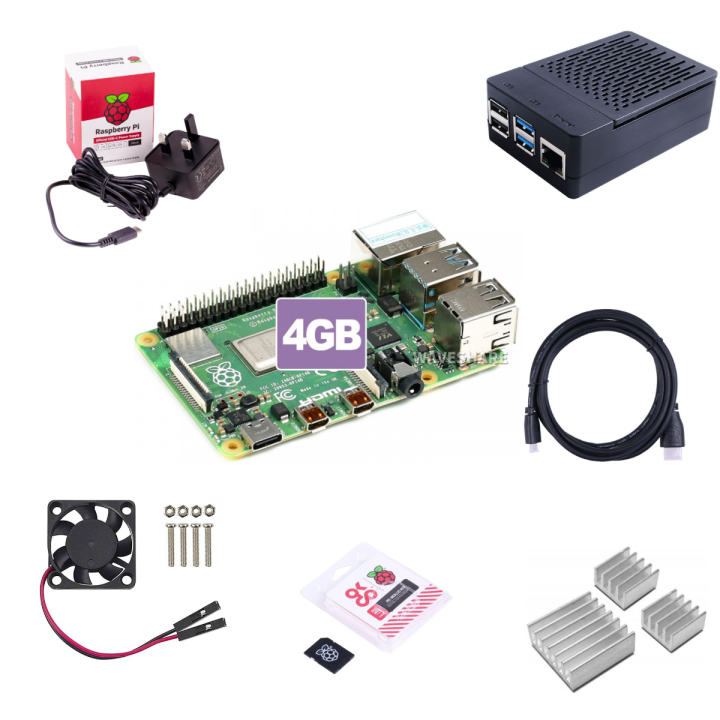 Raspberry Pi 4B Kit 4GB Computer, Cable, Memory, Fan, Charger, Heat ...