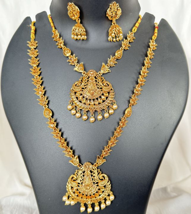 Dull gold color long double necklace set white pearl and gold stone ...