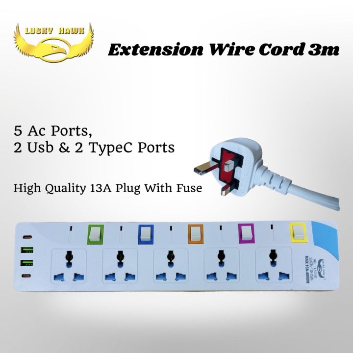 Power Extension Wire Cord With 5 Ac Sockets + 2 USB + 2 Type C Ports ...