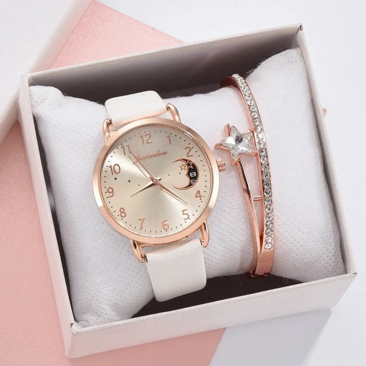 New Arrival Women Leather Band Quartz Watch Moon Numbers Dial Lady ...