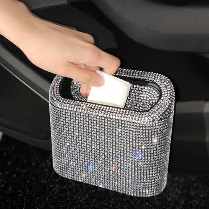 Diamond Crystal Car Trash Can Bin With Lid Leakproof Mini Vehicle Trash ...