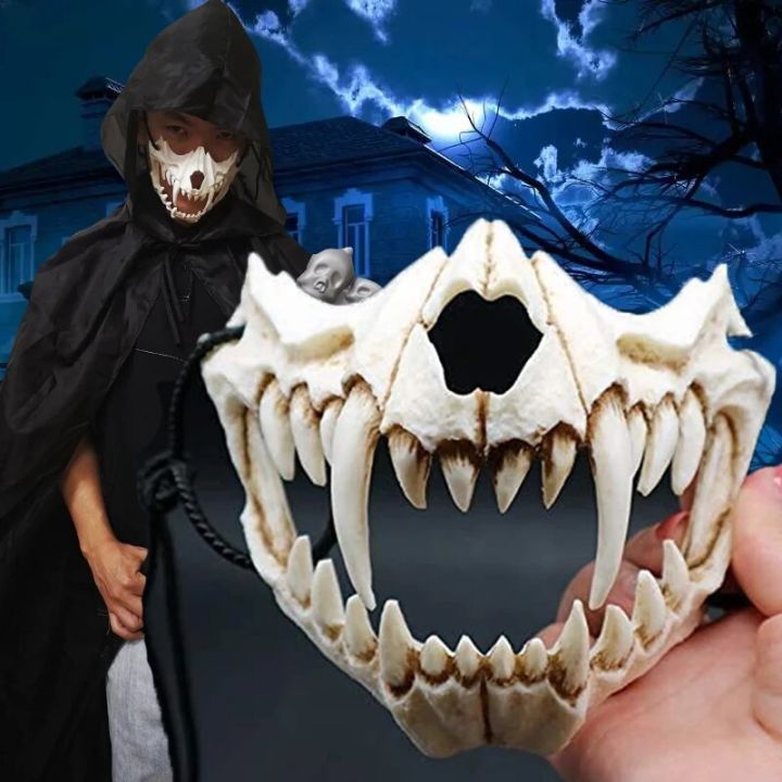 【HUT】 Party Mask Long Teeth Demon Samurai Skeleton Half Face Mask Wolf ...