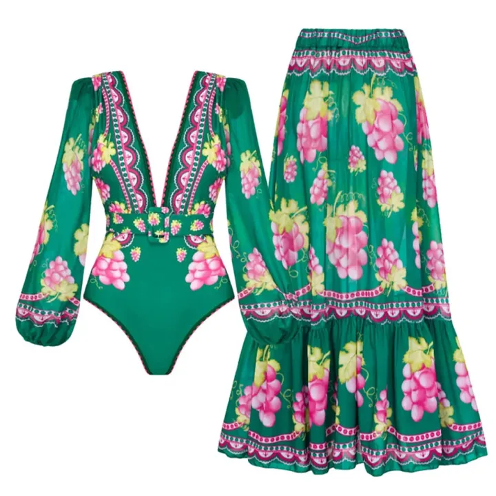 2024 Women Swimwear 2PC Cover-up Swimsuit Ruffle Dongbei Printed Deep V ...