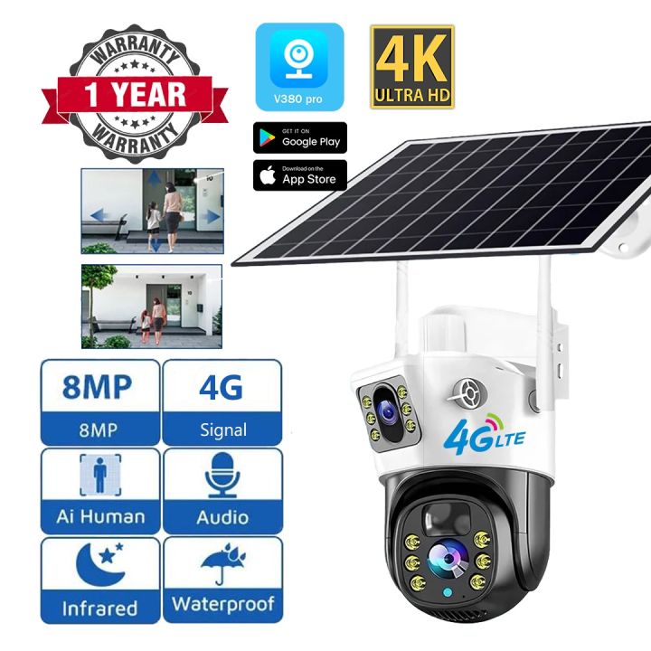 4K 8MP 4G Solar Battery Camera 4G Sim Card Dual Lens Dual Screen Outdoor Security Protection PTZ ...