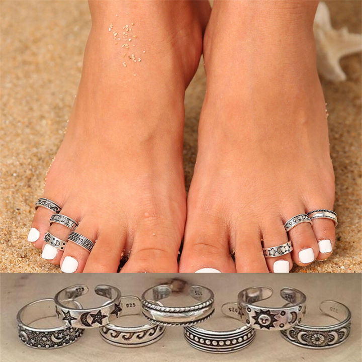 【PrettySet】7Pcs Retro Hollow Carved Star Moon Toe Rings Kits Bohemian ...
