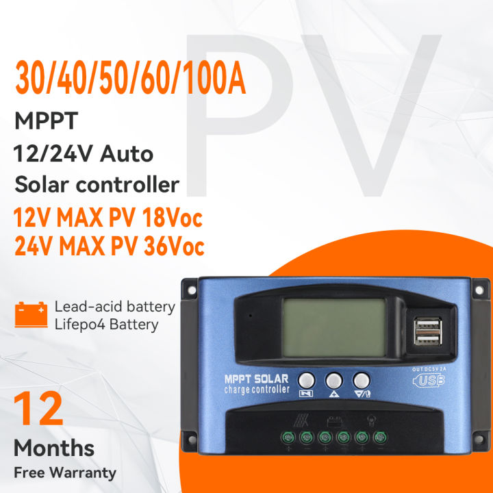 MPPT NEW Solar Charge Controller 30A 60A 100A Dual USB LCD Display Auto 12V 24V Warranty Service ...