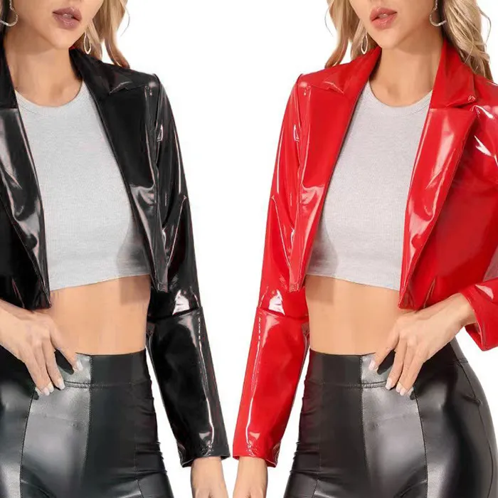 Clothes top short motorcycle European and American waistless jacket red ...