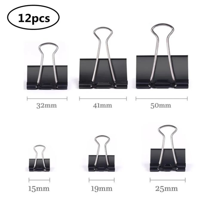 【HOT】 12Pcs Black Metal Binder Clips File Paper Clip 19 25 32 41 51Mm ...