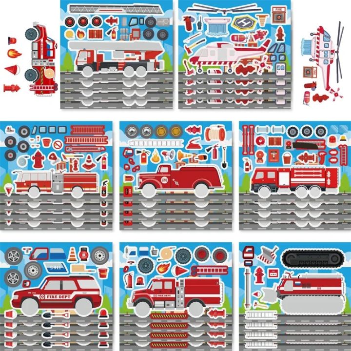 8-24Sheets Kids Stickers Puzzle DIY Fire Fighting Truck Stickers ...