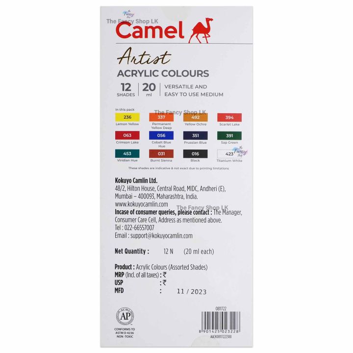 Camel Camlin Kokuyo Artists Acrylic 20ml Paint Tubes 12 Colours Shades ...