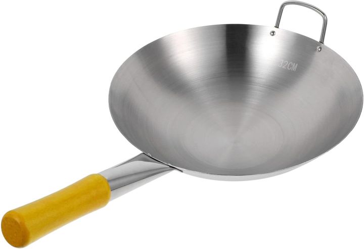 Stainless Steel Wok Pan with Wooden Handle Stir Fry Pan Polished Wok ...