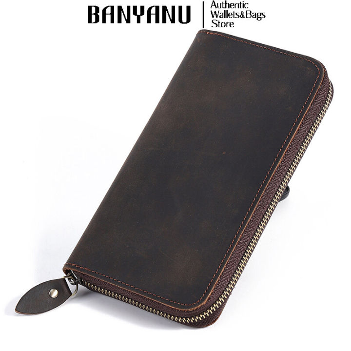 BANYANU Retro Man Genuine Leather Wallet Original Business Long Cowhide ...