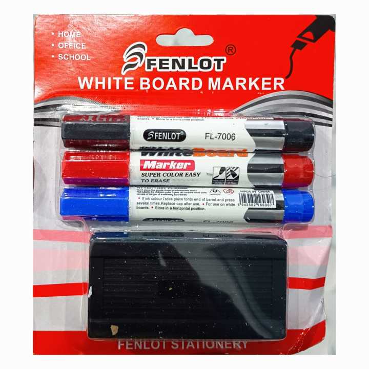 Whiteboard Marker Set with Magnetic Eraser – Black, Blue, & Red | Daraz.lk