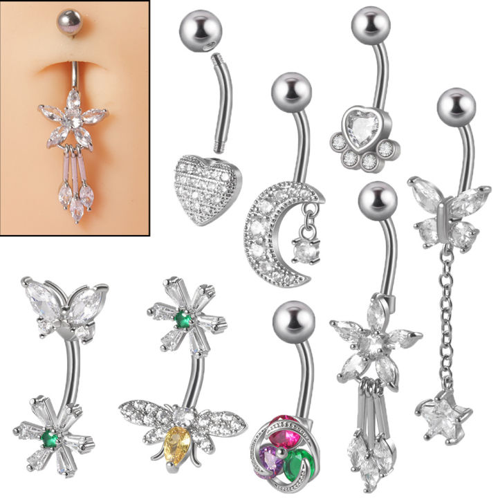 [ New ] Loving Heart Zircon Belly Button Ring Flower Bee Umbilical Ring ...
