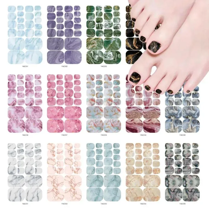 Toe Nail Art Stickers Black Grey Blue Marble Pattern Halo Press On ...