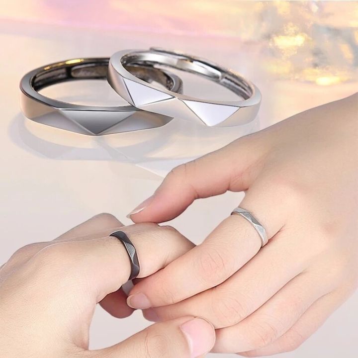 INS Style Geometric Rhombus Rings Adjustable Open Rings for Male Female Black Silver Couple ...