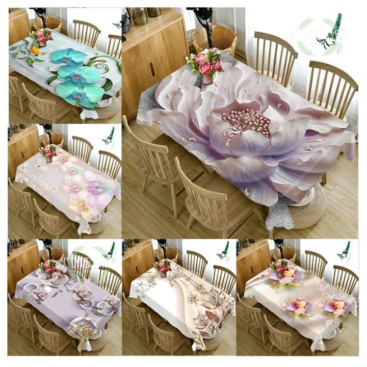 Europe Lotus Tablecloth Green Tropical Plant Pattern 3D Flowers ...