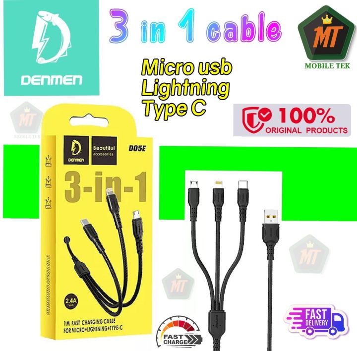 DENMEN 3IN1 FAST CHARGE CABLE TYPE C / MIRCO USB / LIGHTING - 1.2m & 2.4A | Daraz.lk