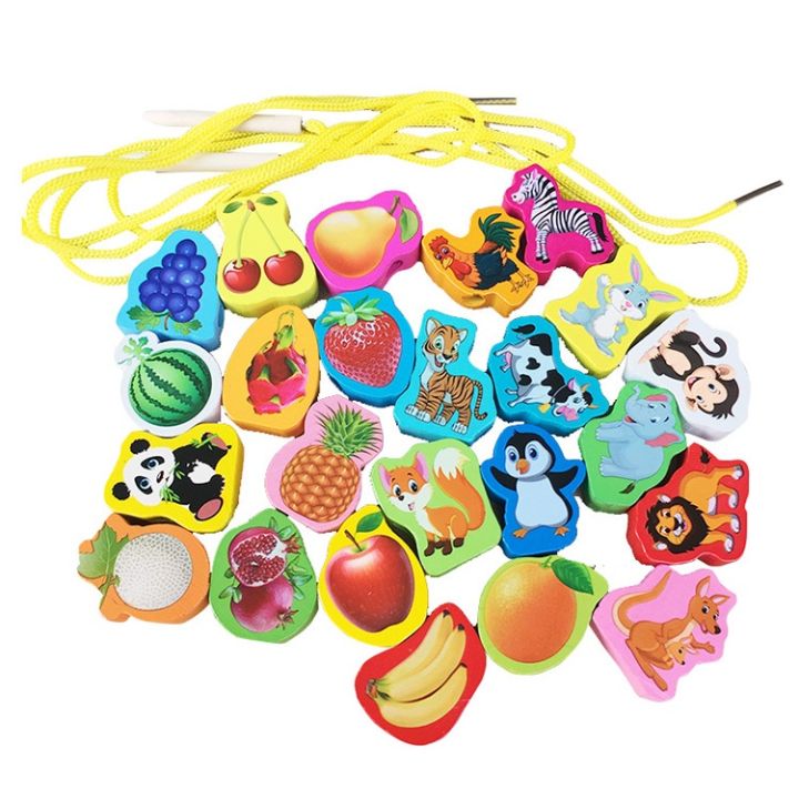 26PCS Wooden Toys Baby DIY Toy Cartoon Number Fruit Animal Stringing ...