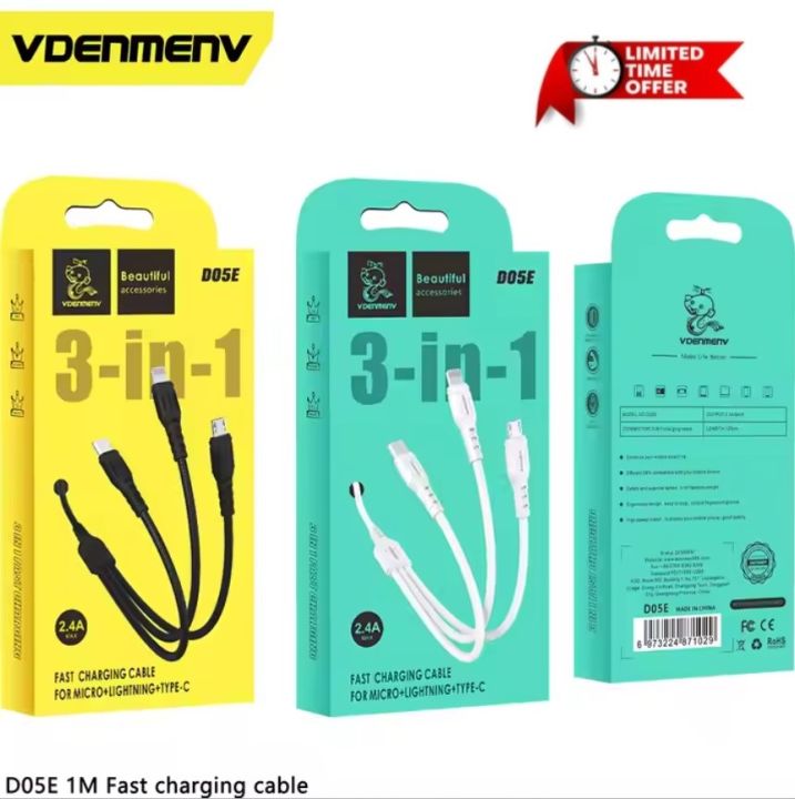 DENMEN D05E 3in1 USB Cable Micro Lightning Type-C 1M White Mobile Phone ...