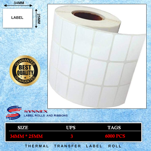 34MM X 25MM -Thermal Transfer Barcode Label Roll, 1 Core, 3 Ups, 6000 ...