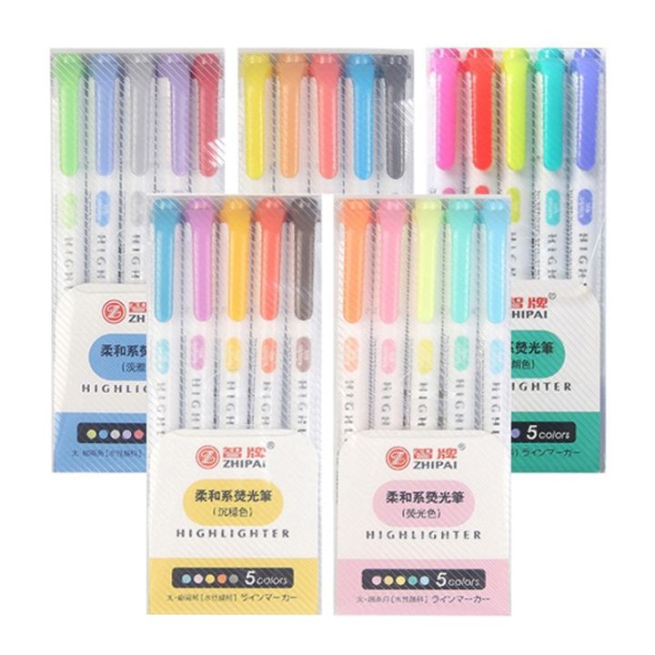 【Hot】 5 Colors/Box Double Headed Highlighter Pen Set Fluorescent ...