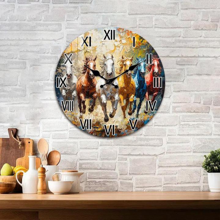 Innovation Running horses painting Quartz Analog Wooden Silent Wall ...