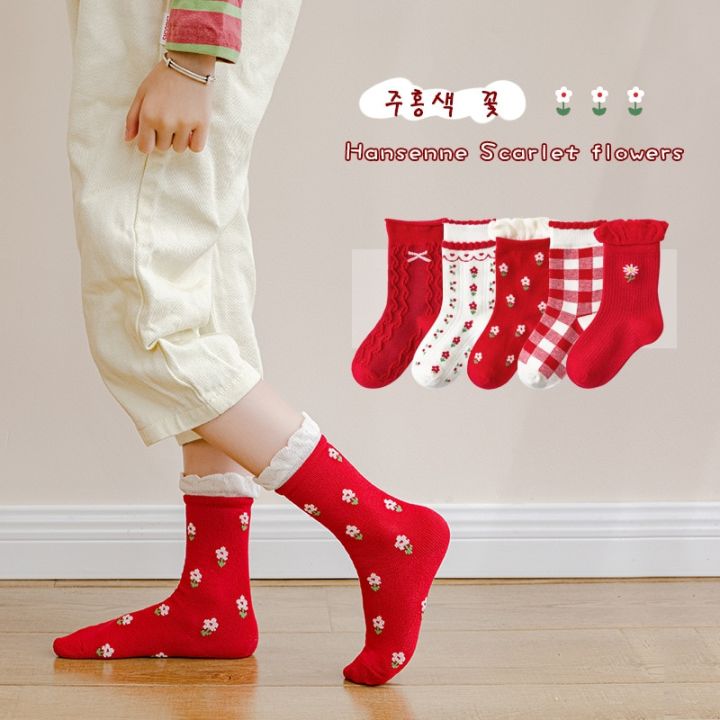 Kids Socks Flower Bowknet Pattern Style Socks Red Lace Stockings Girl ...