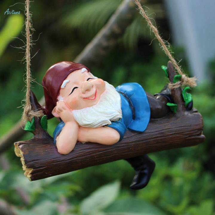 Hanging Dwarf Figurine Plant Bonsai Backyard Gnome on A Swing Garden ...