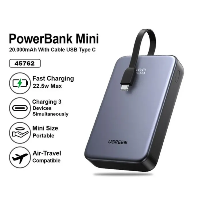 UGREEN 20000mAh 20W Power Bank with Integrated Type-C Cable – PB505 ...