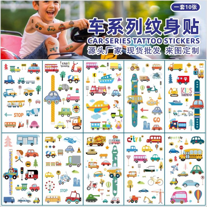 【Factory cartoon tattoo stickers cute car excavator vehicle stickers ...