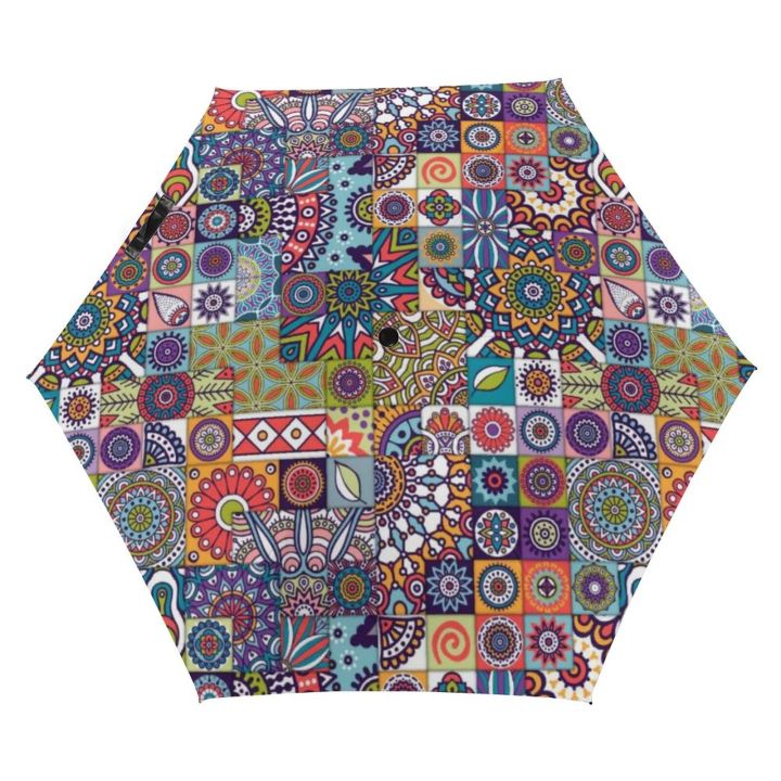 Colorful Mandala Floral 3 Fold Manual Umbrella Diamond Tile Mandalas ...