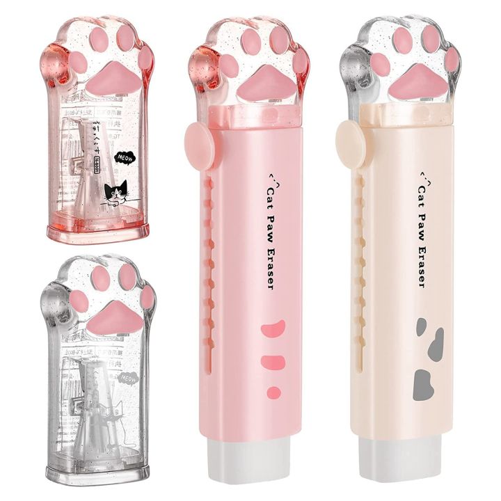 4 Pcs Cute Cat Pencil Sharpener and Cat Shaped Retractable Eraser ...