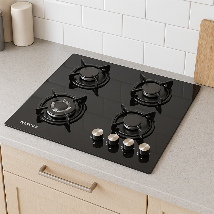 BRAVUZ 4 Burner BLACK Glass Top Cooker Hob with Flame Failure Device ...