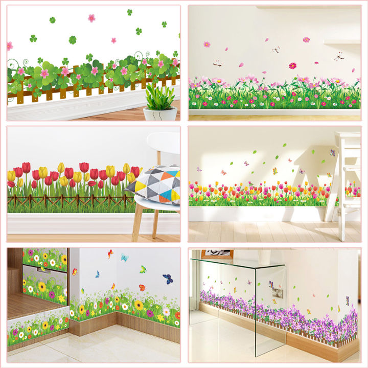 Pastoral Flowers Grass Fence With Butterfly Wall Stickers Pvc Decals ...