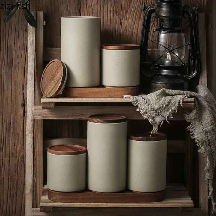 Retro Ceramic Storage Jar Tea Coffee Jars Wooden Lid Sealed Can ...