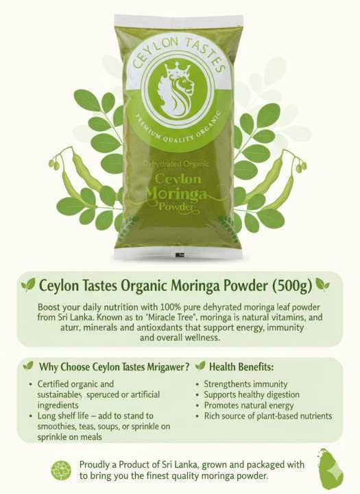 Ceylon Tastes Organic Moringa Powder (500g) – 100% Pure Dehydrated Leaf ...