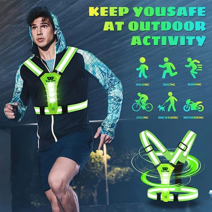LED Reflective Vest Adjustable USB Rechargeable 3 Lighting Modes Night ...