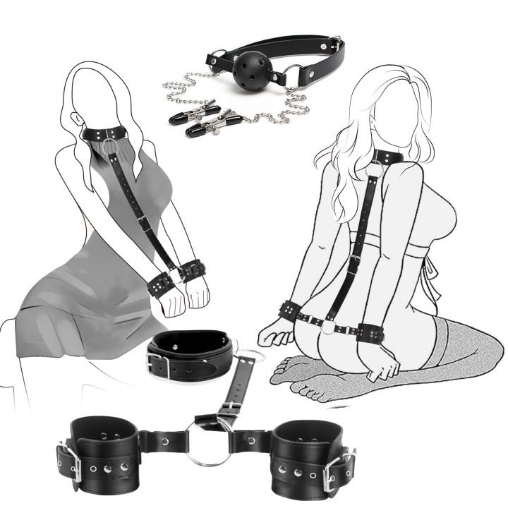 Leather Neck to Wrist Kit Clamps Gag Adjustable Straps Toys For Couple ...