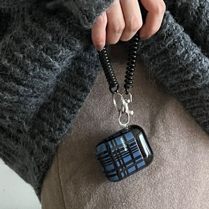 HOT Korean Retro Blue Lattice Headset Case Black Phone Line For AirPods ...