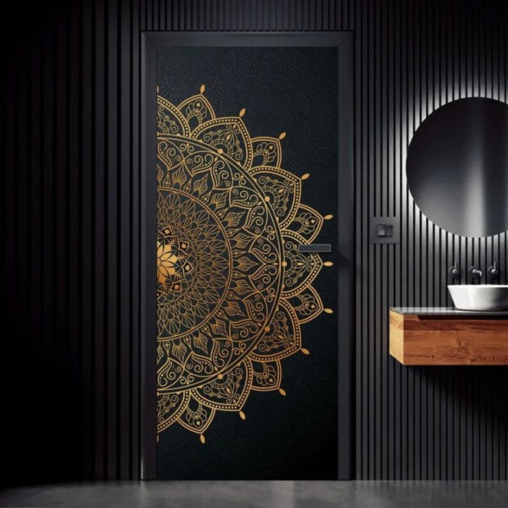 Bohemian Mandala Door Stickers Black and Golden Painting Wallpaper Yoga ...
