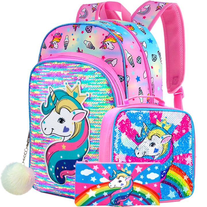 3PCS Unicorn Backpack for Girls 16 Little Kids Sequin Preschool School ...