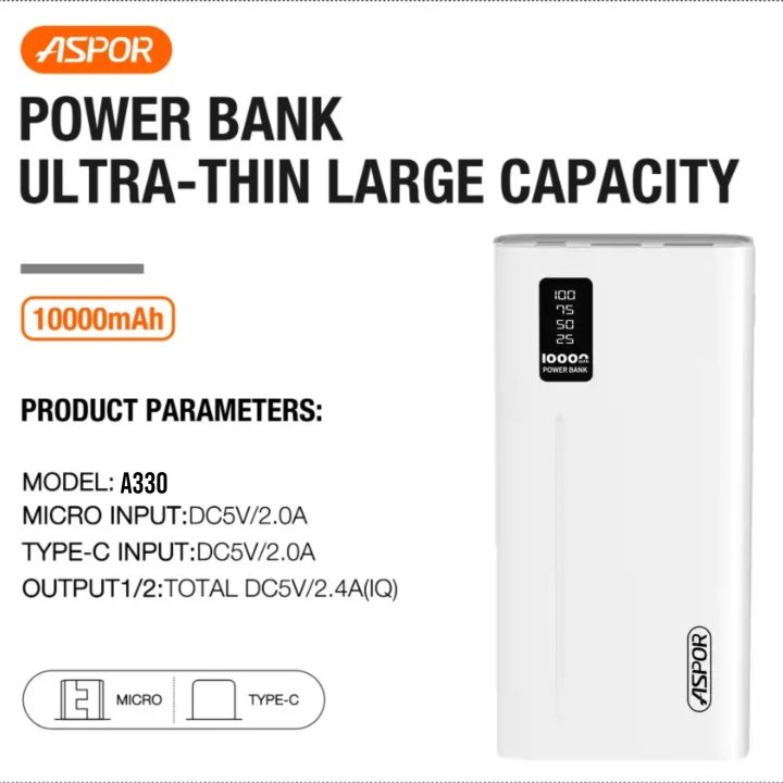 Aspor A330 / A323 10000mAh Powerbank With LED Digital Display | Daraz.lk