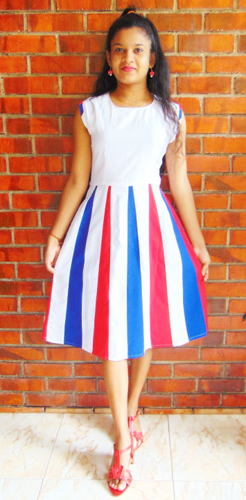 Linen Frock with Blue & Red Patchwork Design | Daraz.lk