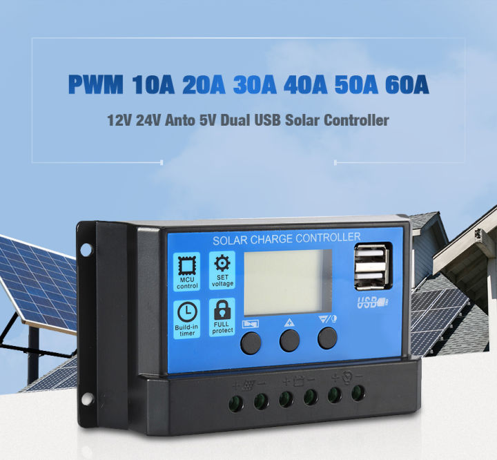 Solar Charge Controller 12V 24V Auto 10A 20A 30A 40A 50A 60A PWM 5V Output Regulator PV Home ...